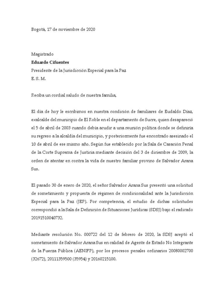 Carta de La Familia de Eudaldo Díaz A La JEP-20/11/2020 | PDF | Gobierno | Justicia