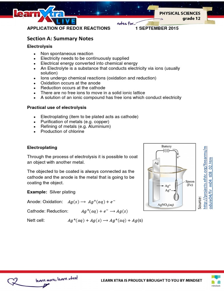 Section A: Summary Notes: Application of Redox Reactions 1 September ...