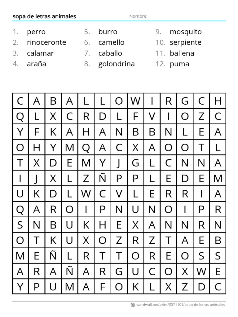 Sopa de Letras Animales | PDF | Artes del Lenguaje y Comunicación