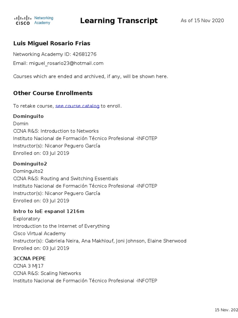 NetAcad Learning Transcript | PDF