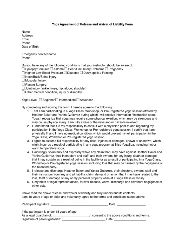 Yoga Agreement of Release and Waiver of Liability Form | PDF | Diseases ...