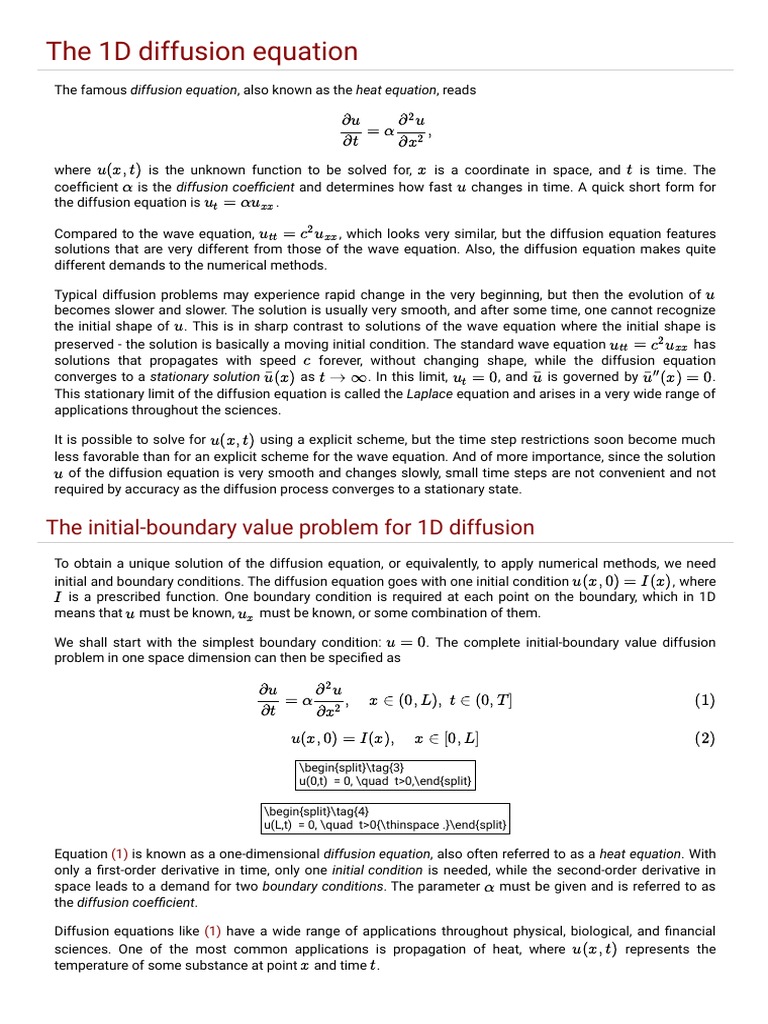 The 1D Diffusion Equation | PDF | Differential Equations | Equations