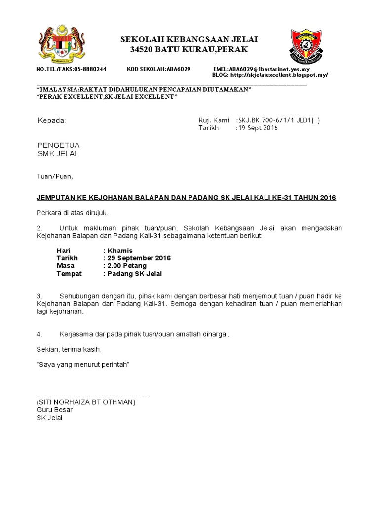 Surat Jemputan Pengetua SMK Jelai | PDF