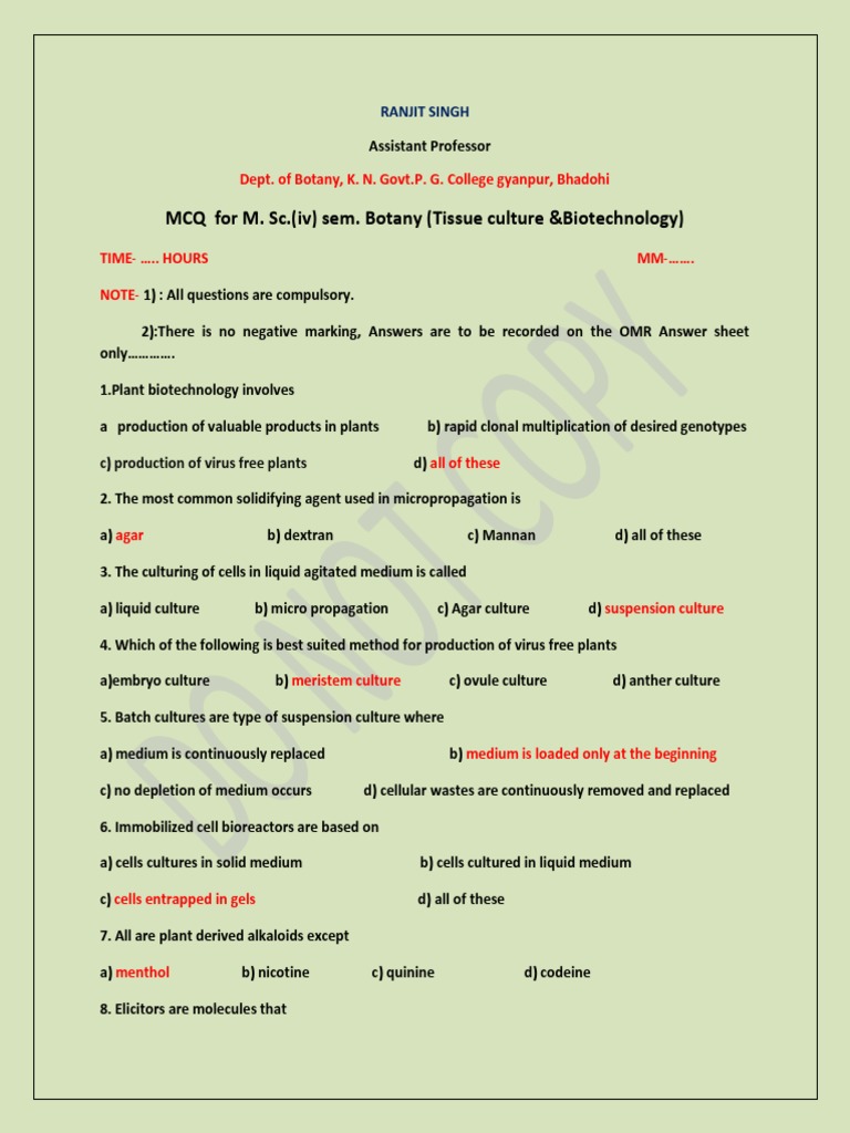 MCQ Tissue Culture N Biotechnology | PDF | Plasmid | Molecular Cloning