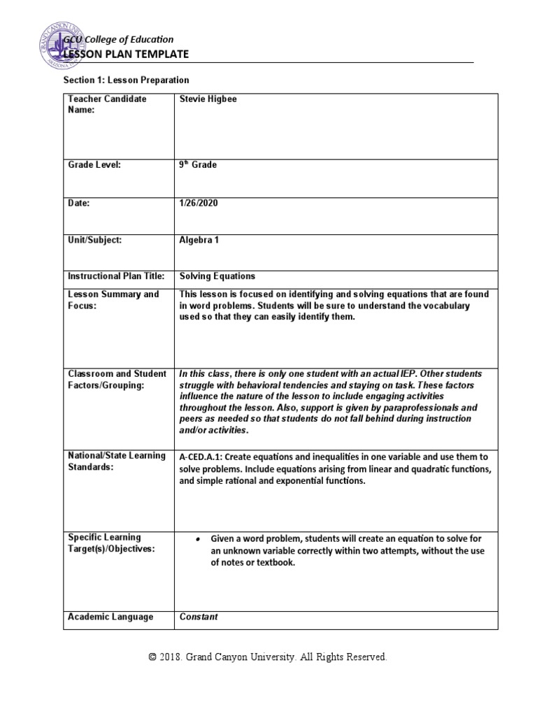 Lesson Plan Template: GCU College of Education | PDF | Lesson Plan ...