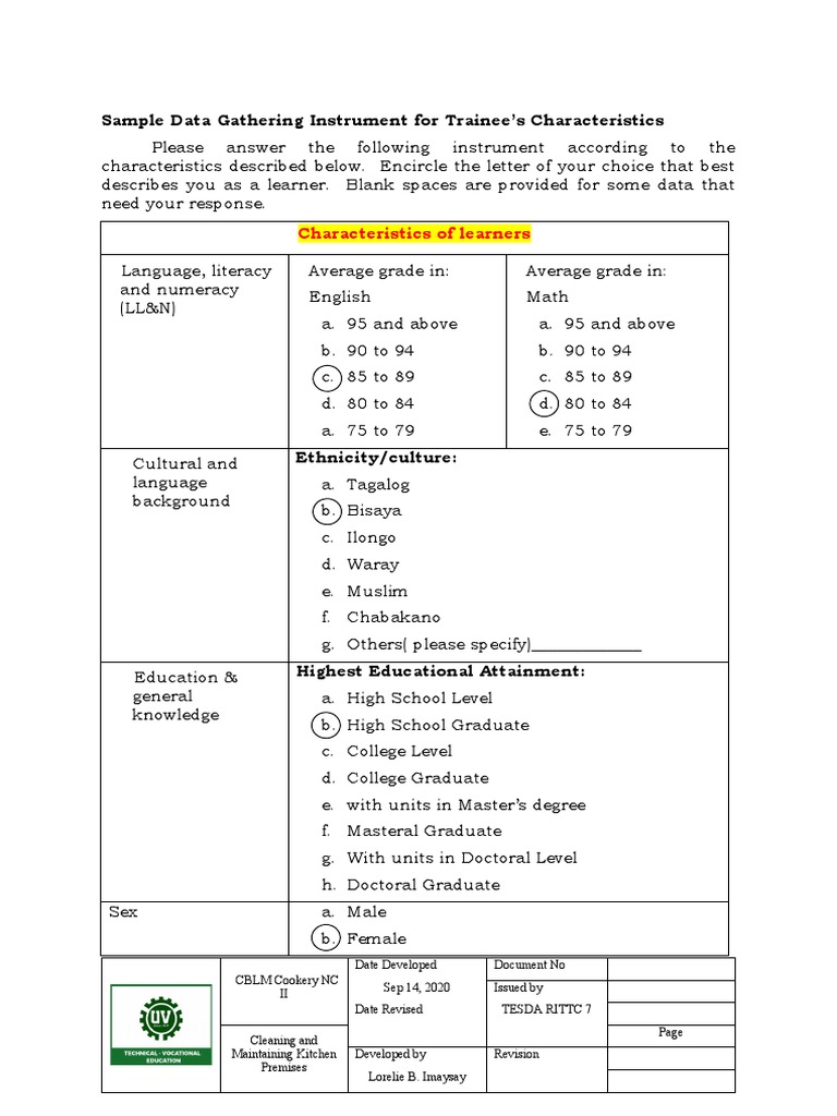 Data Gathering Instrument For Trainee | PDF | Learning Styles | Learning