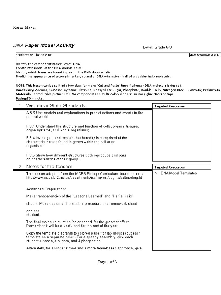 DNA Model Activity for Grades 6-8 | PDF | Dna | Base Pair