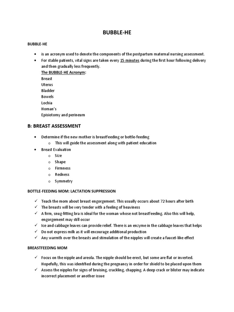 BUBBLE-HE Assessment | PDF | Breastfeeding | Postpartum Period