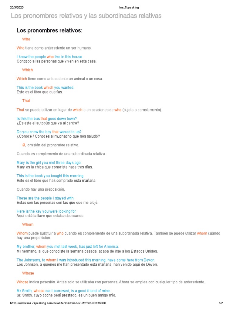 Pronombres Relativos PDF | PDF | Gramática | Sintaxis