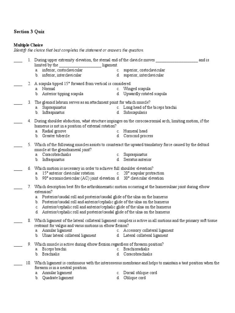 Section 3 Quiz: Multiple Choice | PDF | Joints | Hand