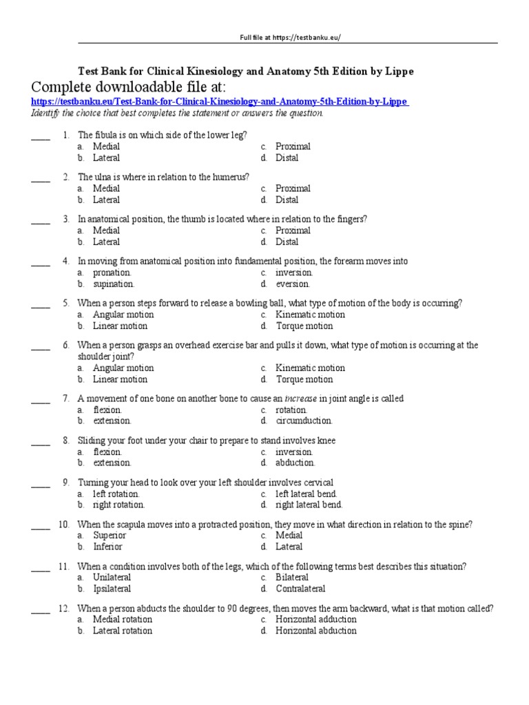 Test Bank For Clinical Kinesiology and Anatomy 5th Edition by Lippert ...