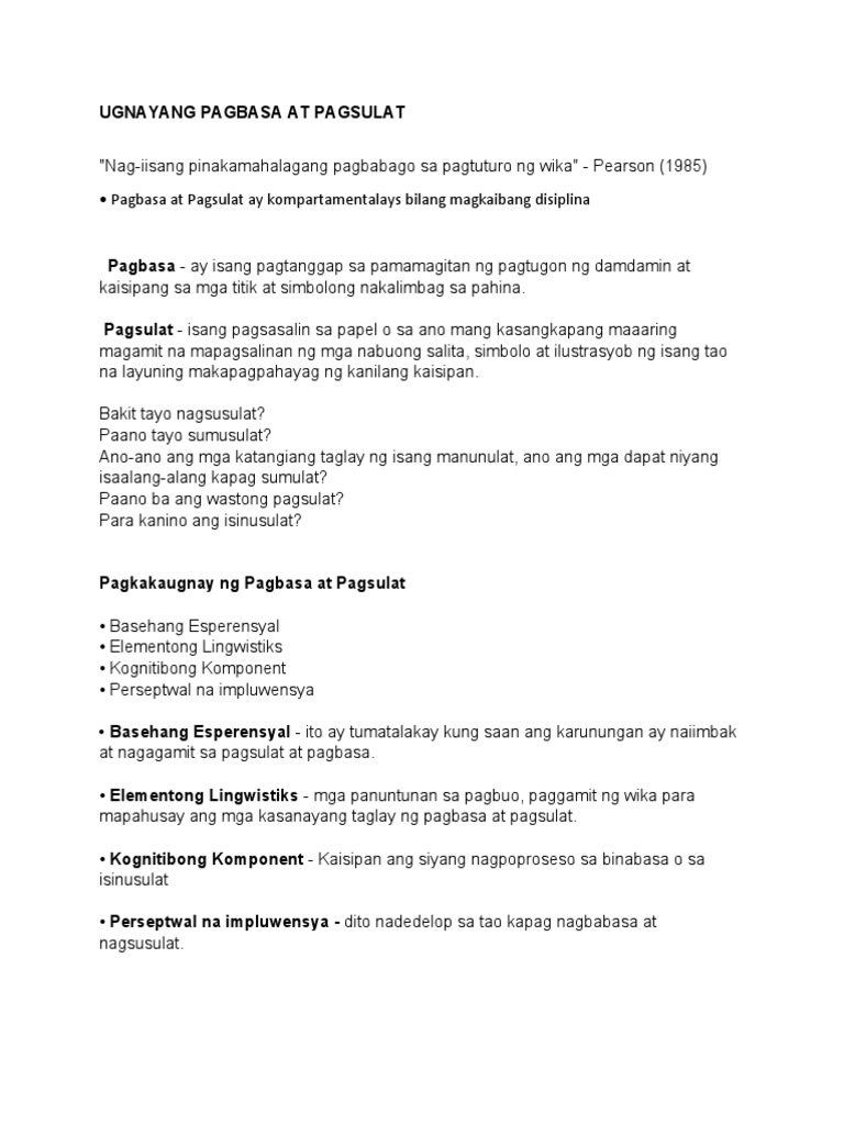 Ugnayang Pagbasa at Pagsulat | PDF