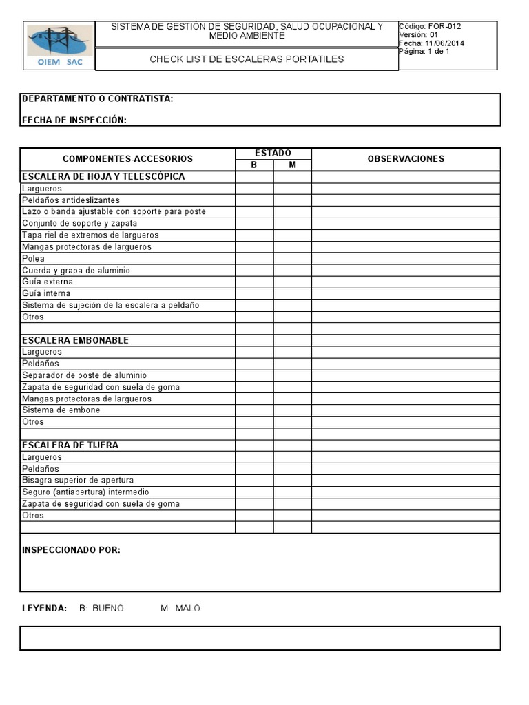 Check List Escaleras Portatiles | PDF