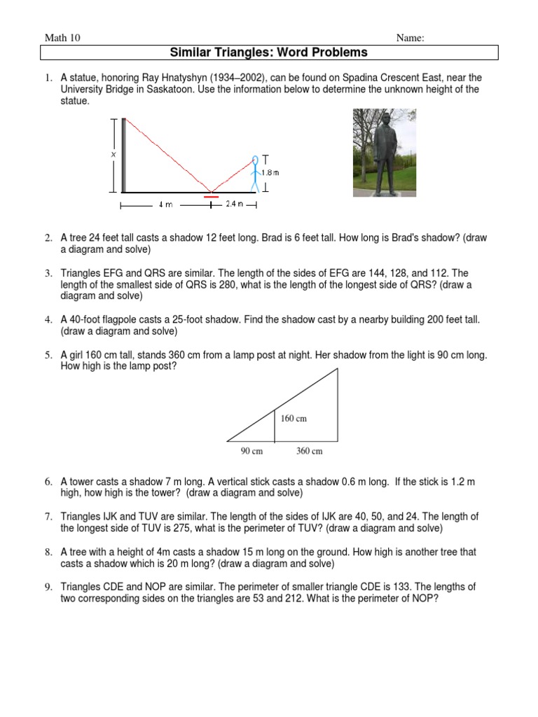 Similar Triangles: Word Problems: Math 10 Name | PDF