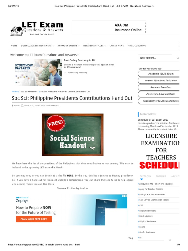 Soc Sci - Philippine Presidents Contributions Hand Out LET EXAM Questions Answers | PDF ...