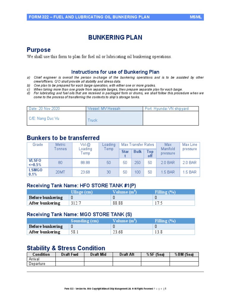 Form 322 - Fuel Oil and Lubricating Oil Bunkering Plan | PDF | Fuel Oil ...