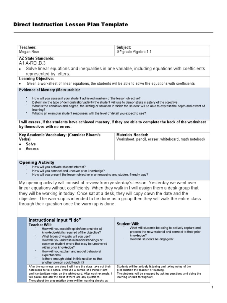 Direct Instruction Lesson Plan Template: Megan Rice 9 Grade Algebra 1.1 ...