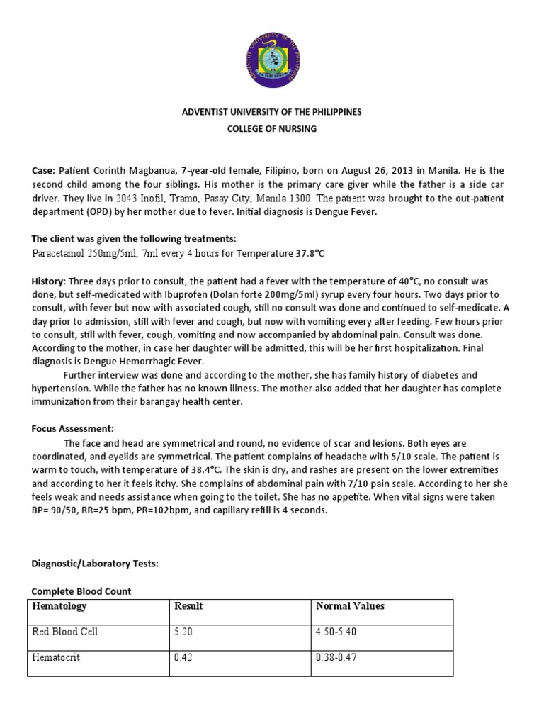 Case Study For Dengue Fever | PDF | Urine | White Blood Cell