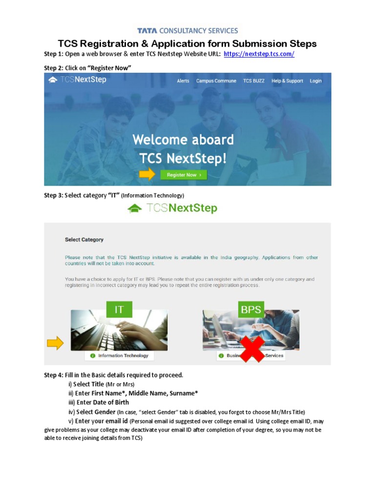 TCS Registration & Application Form Submission Steps | PDF | Educational Stages | Computing And ...