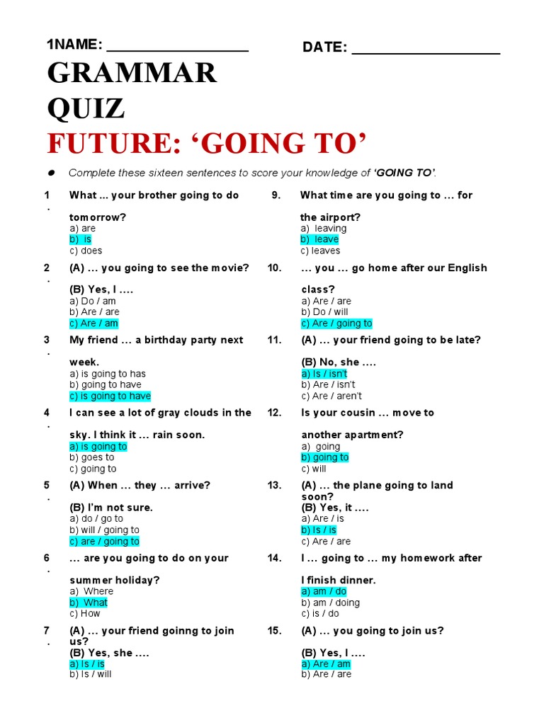 Future: Going To': Grammar Quiz | PDF