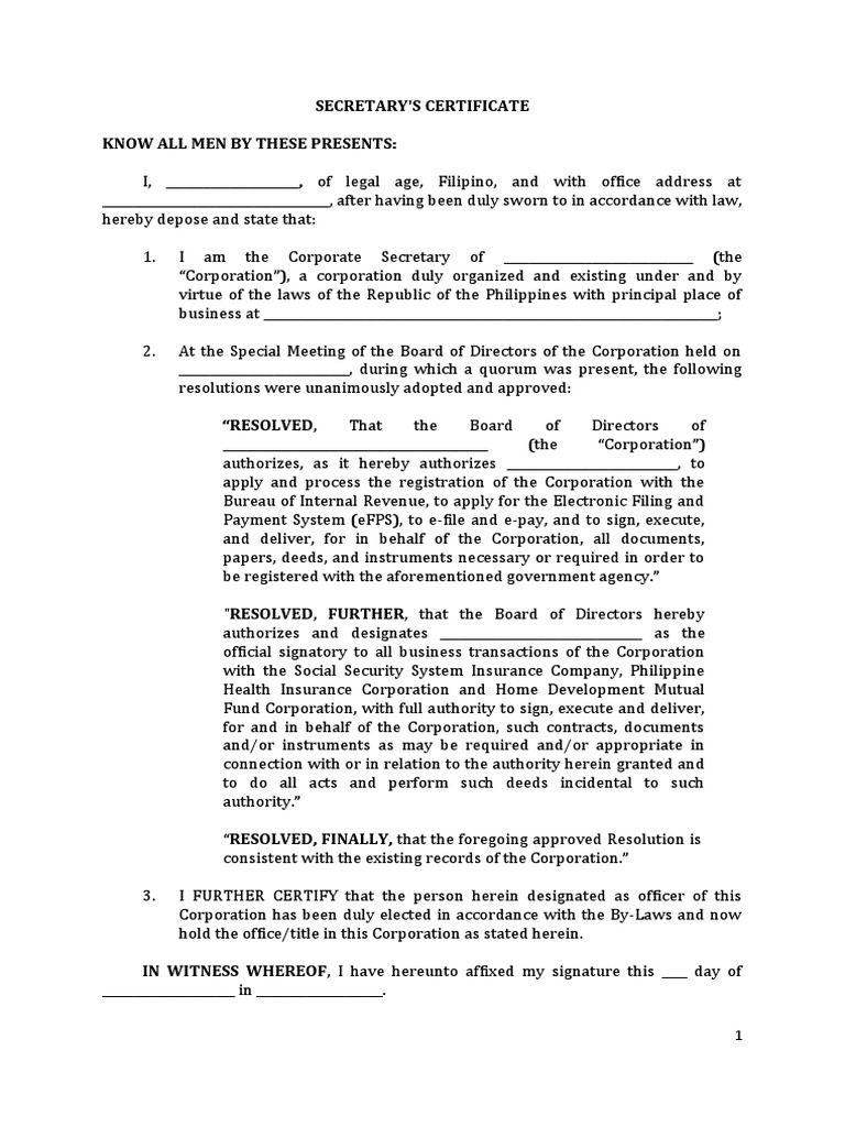 Sec. Cert. Draft For BIR, Etc | Download Free PDF | Signature | Board Of Directors
