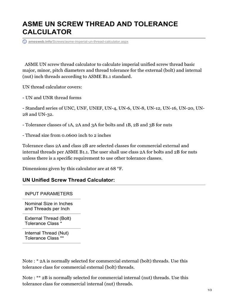 Asme Un Screw Thread and Tolerance Calculator | PDF | Tools | Metalworking