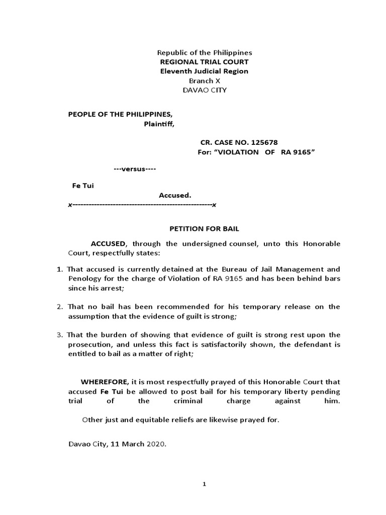 Petition For Bail | PDF | Bail | Prosecutor