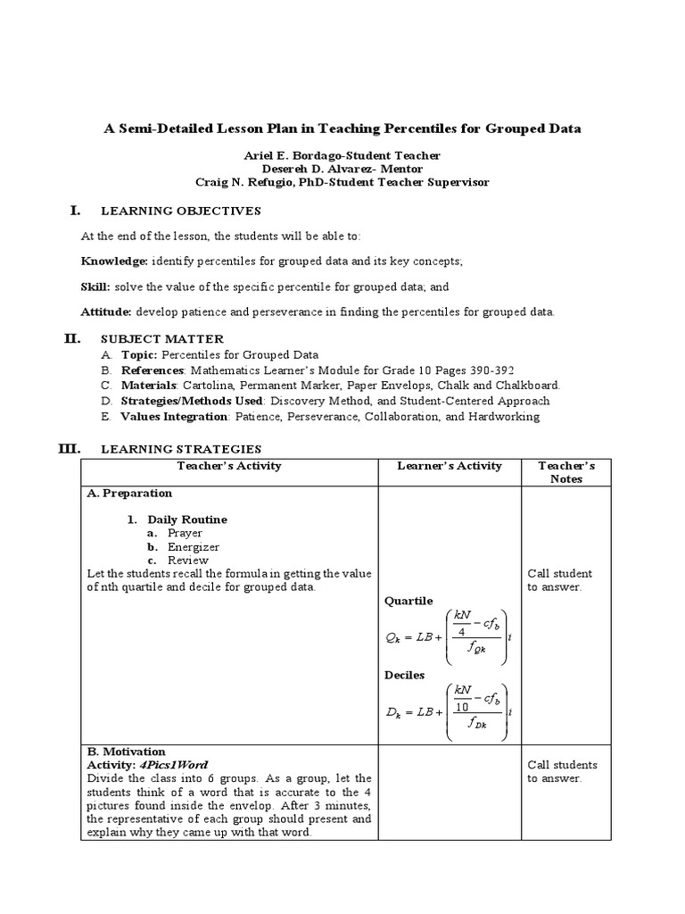 A Semi-Detailed Lesson Plan in Teaching Percentiles For Grouped Data | PDF | Percentile | Lesson ...