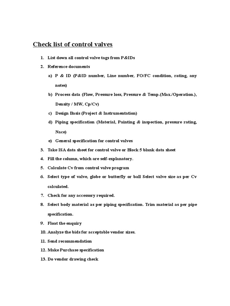 Control Valve Inspection Checklist | PDF