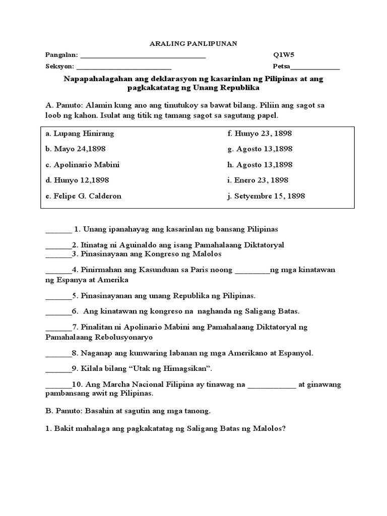 AP Q1 Week 5 Quiz | PDF