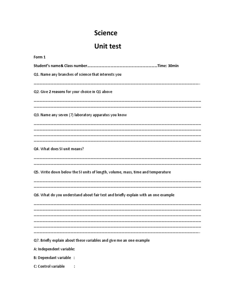 Science Unit Test: Form 1 Student's Name& Class Number Time: 30min | PDF