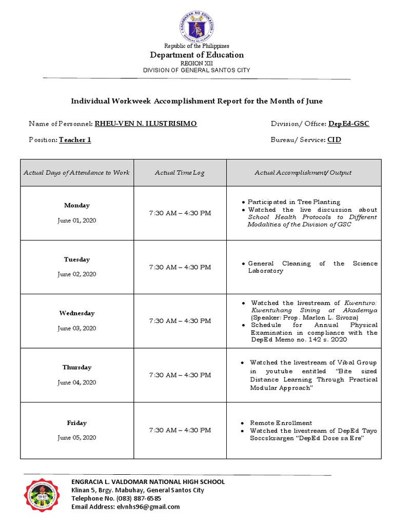 Individual Workweek Accomplishment Report For The Month of June | PDF ...