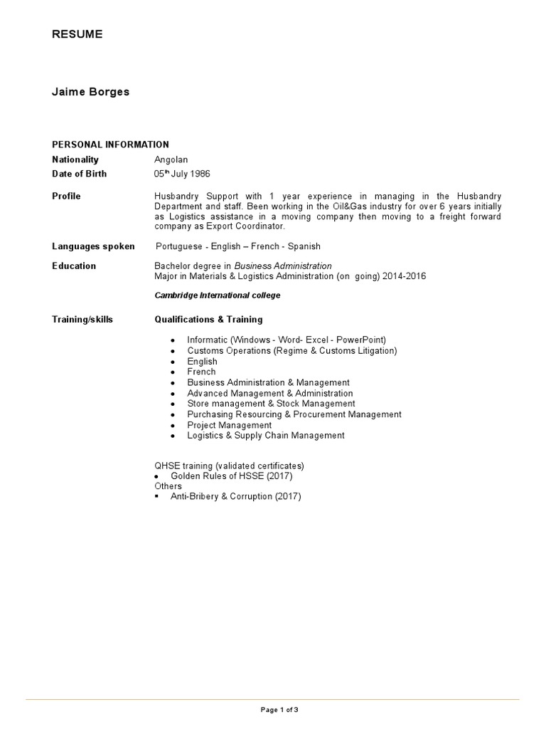 Resume: Personal Information Nationality Date of Birth Profile | PDF ...