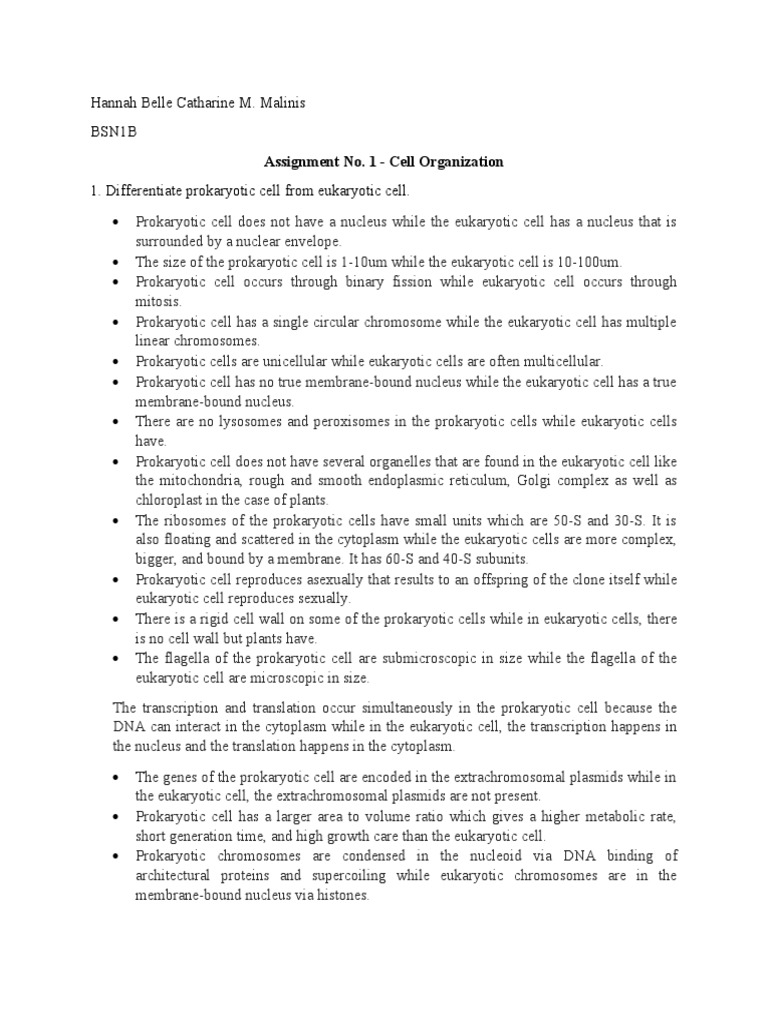 Hannah Belle Catharine M. Malinis Bsn1B: Assignment No. 1 - Cell ...