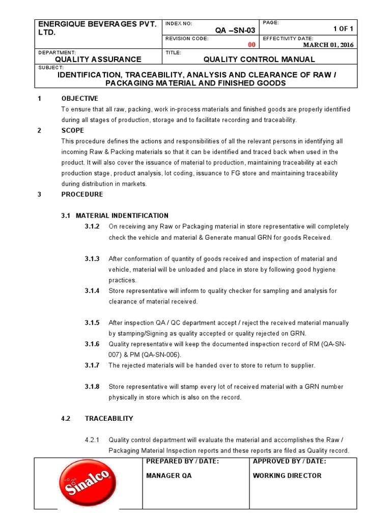 Quality Control & Traceability Guide | PDF | Packaging And Labeling ...