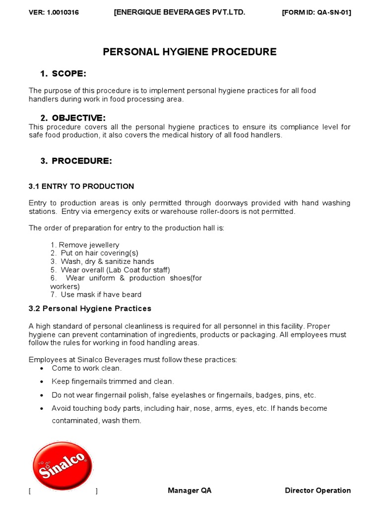 Personal Hygiene Procedure | PDF | Hygiene | Hand Washing