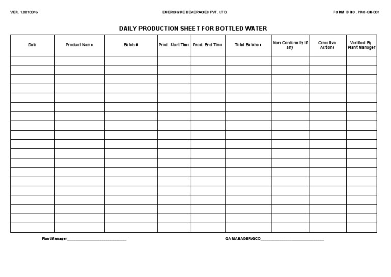 Daily Production Sheet for Bottled Water | PDF | Technology & Engineering