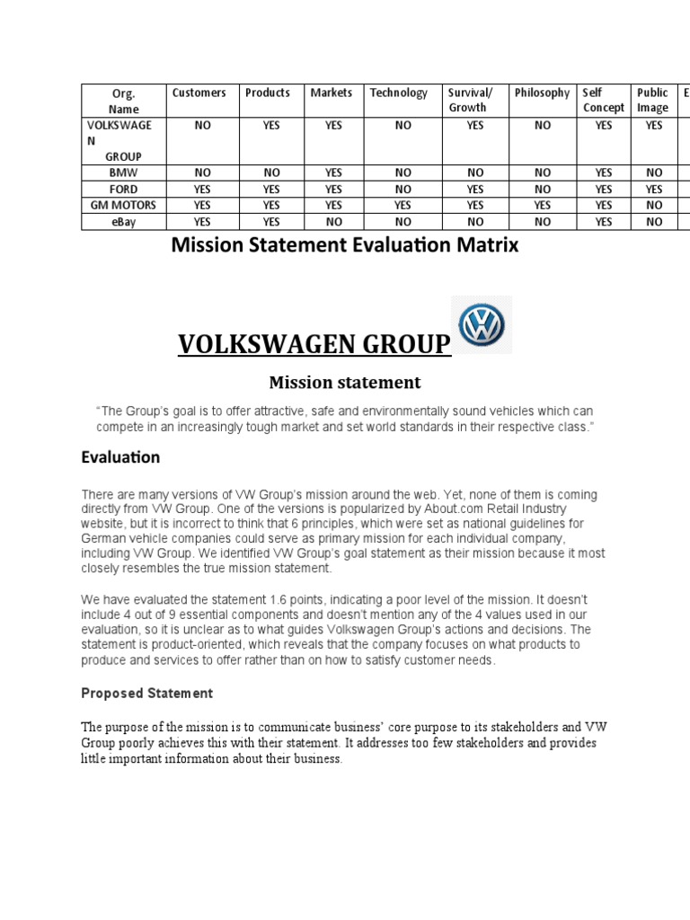 Volkswagen Group: Mission Statement Evaluation Matrix | PDF | E Bay ...