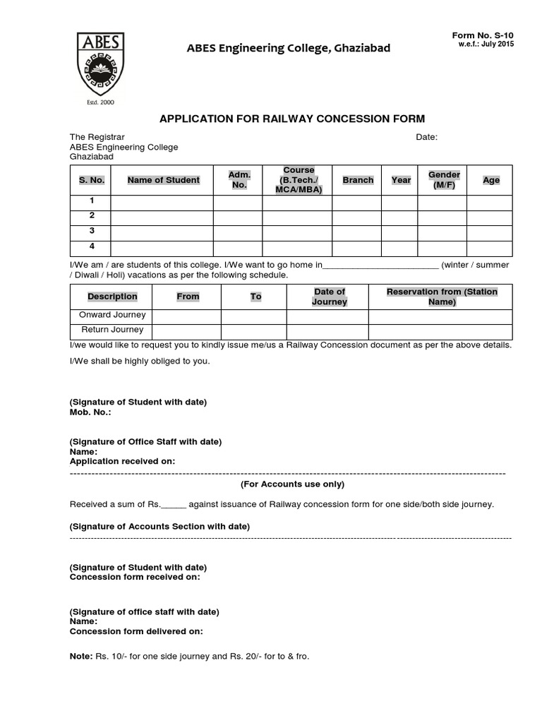 ABES Engineering College, Ghaziabad: Application For Railway Concession ...