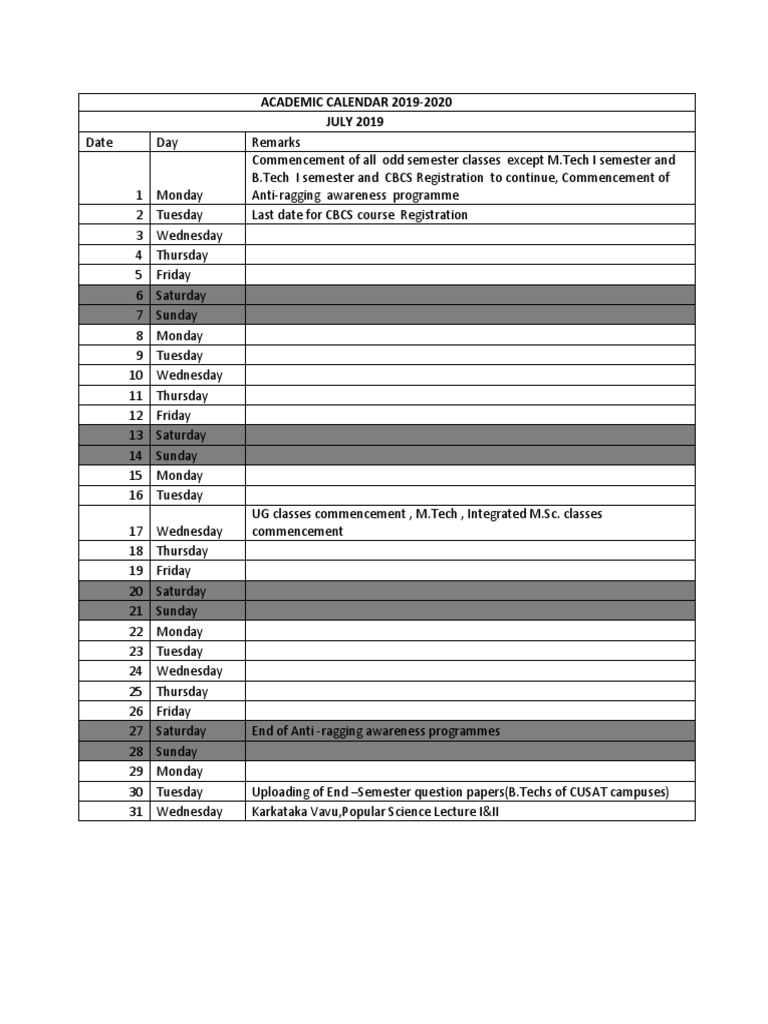 Academic Calendar 2019-2020 July 2019 | PDF | Academic Term | Schools