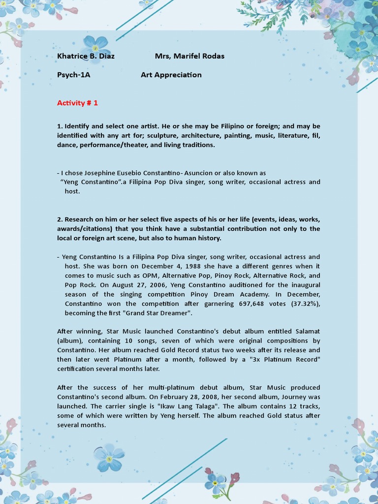 Khatrice B. Diaz MRS, Marifel Rodas Psych-1A Art Appreciation | PDF ...