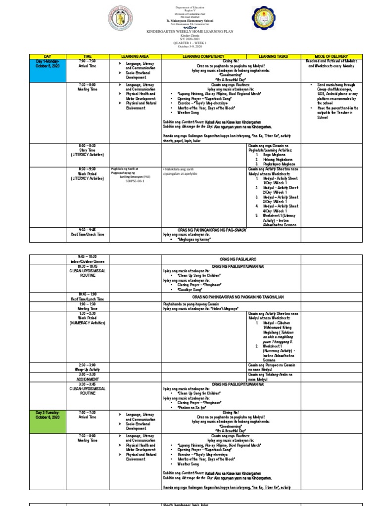Kindergarten Weekly Home Learning Plan: R. Malanyaon Elementary School ...