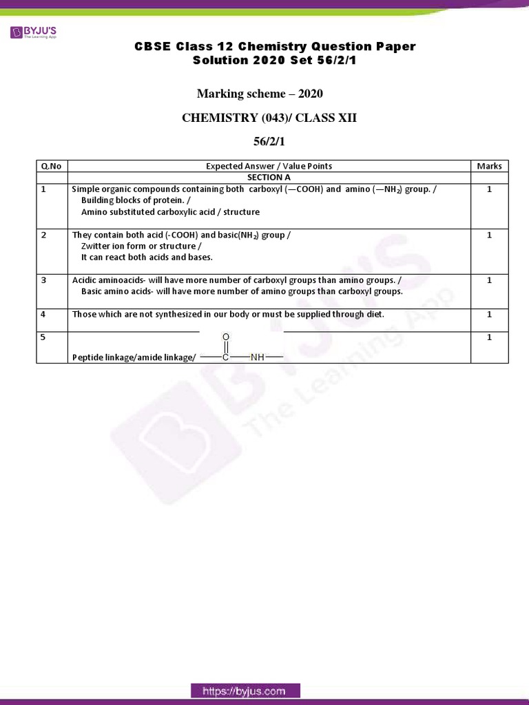 CBSE Class 12 Chemistry Question Paper Solution 2020 Set 56/2/1 | PDF ...
