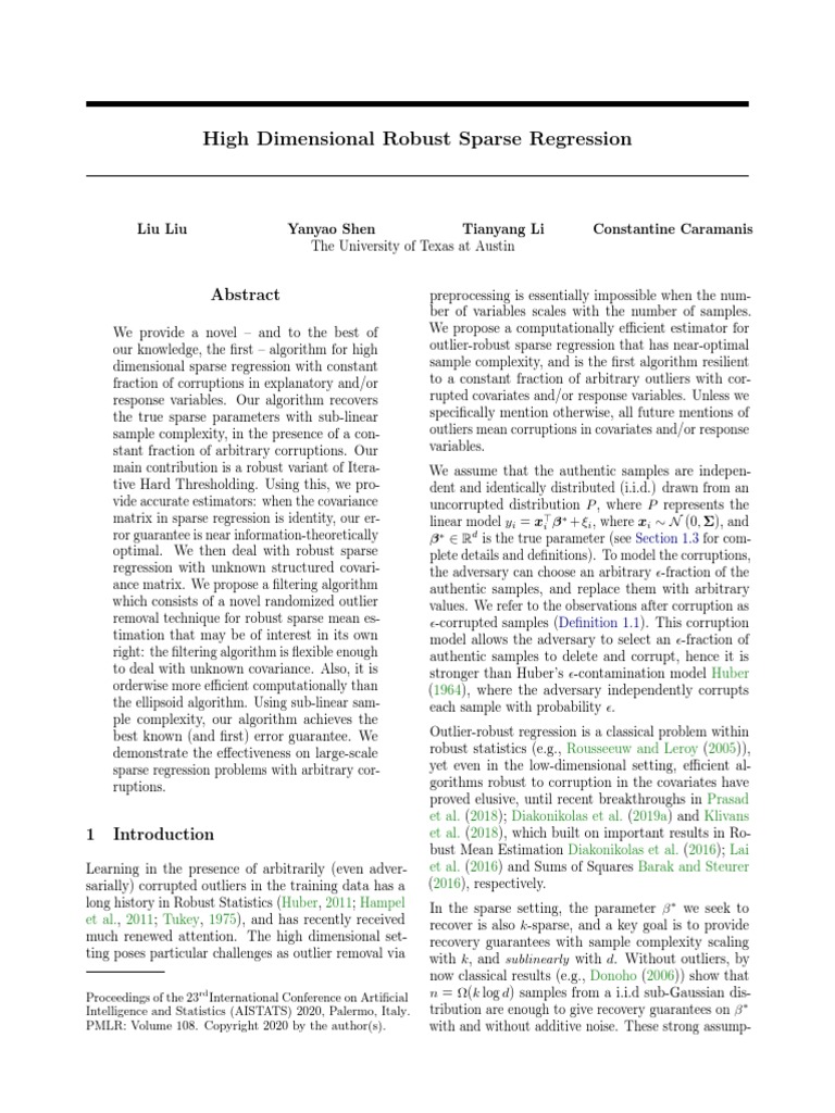 Liu Et Al 2020 High Dimensional Robust Sparse Regression Pdf Robust Statistics 