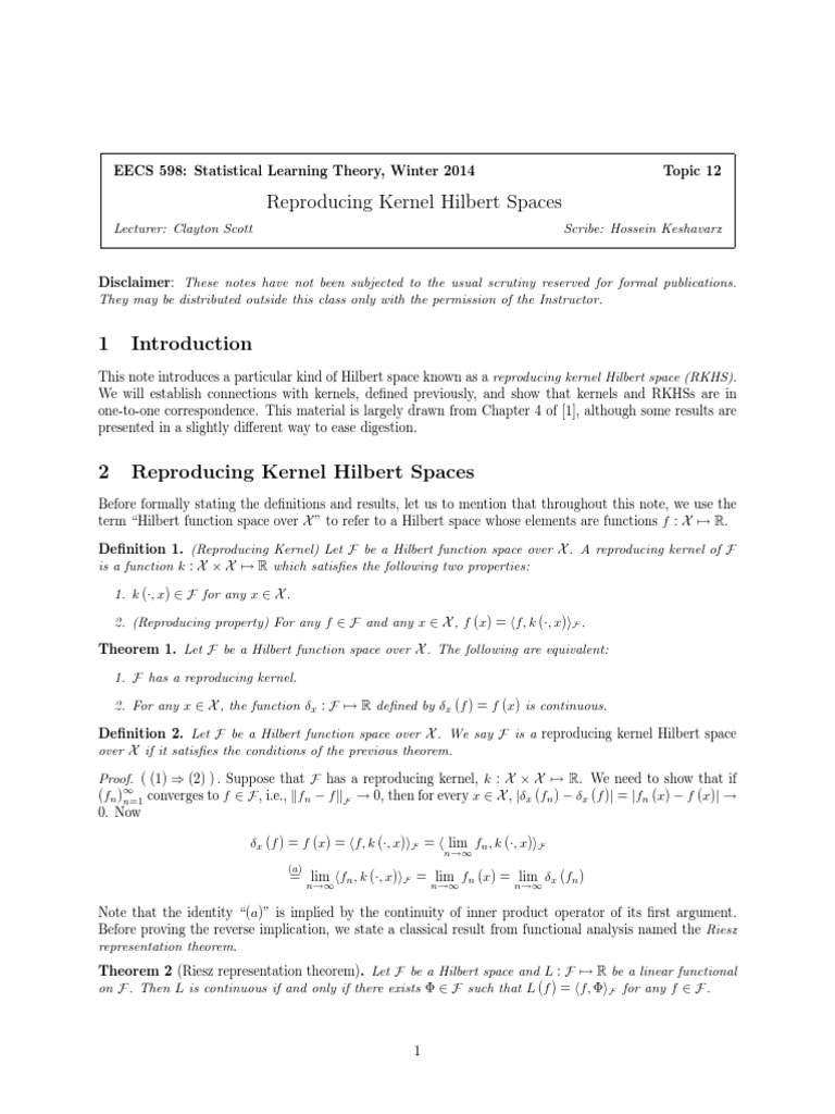 Reproducing Kernel Hilbert Spaces Pdf Hilbert Space Functional Analysis