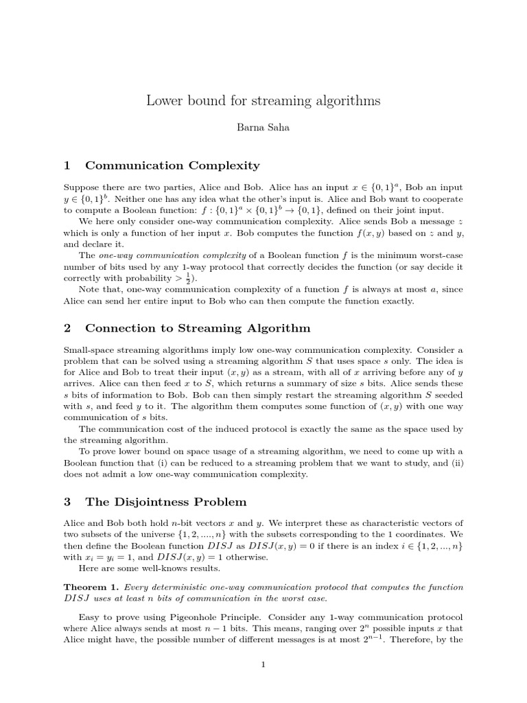 Lower Bound For Streaming Algorithms 1 Communication Complexity Pdf Computational