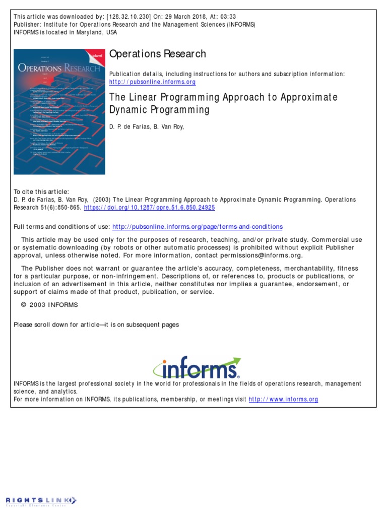 Defarias - VanRoy - The Linear Programming Approach To Approximate Dynamic Programming - 2003 ...
