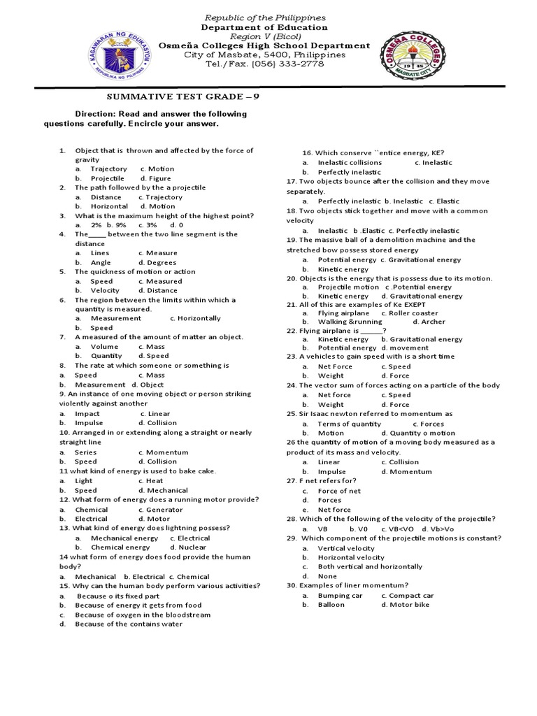 Summative Test Grade - 9: Direction: Read and Answer The Following ...
