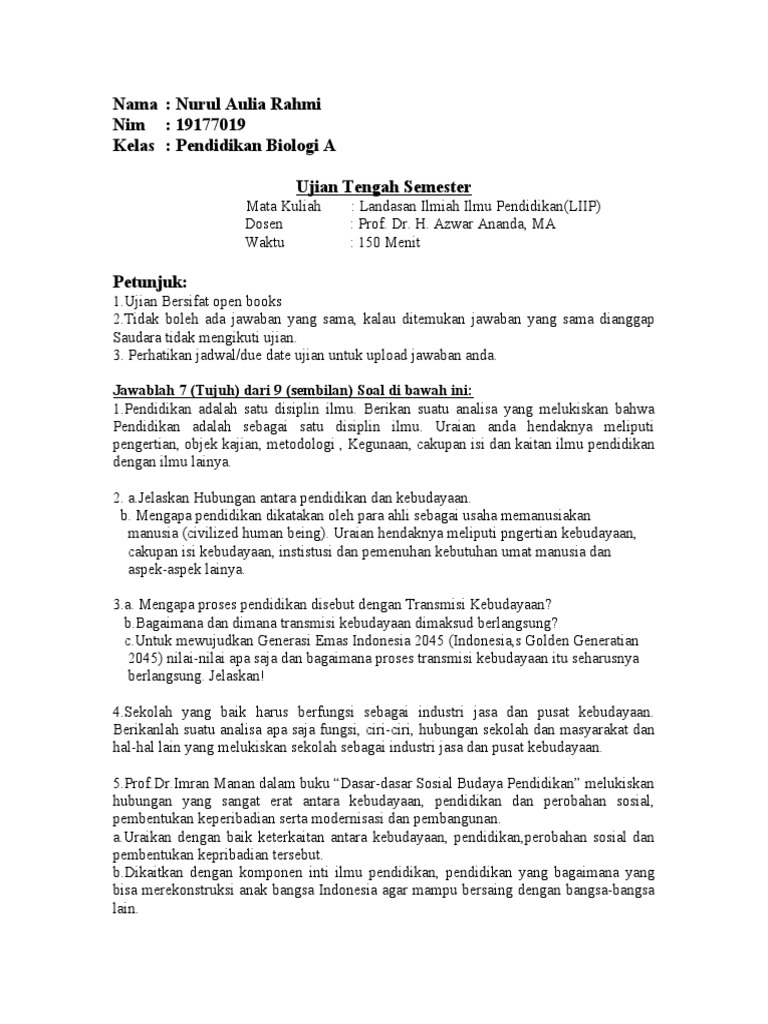 Nurul Aulia Rahmi - Uts Landasan Ilmu Pendidikan | PDF | Kesehatan ...