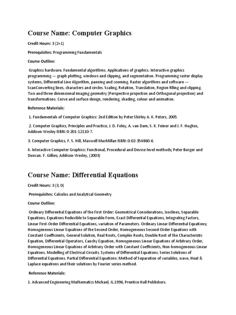 Course Name: Computer Graphics: Credit Hours: 3 (2+1) Prerequisites ...